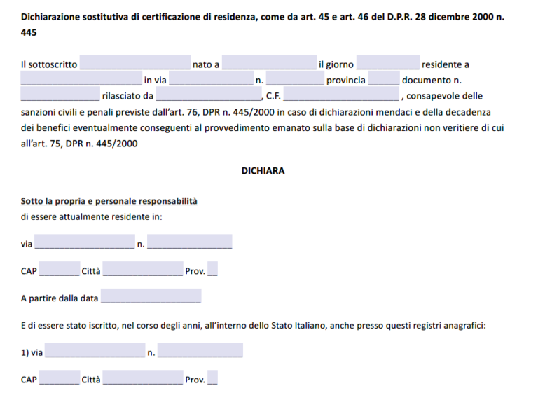 AUTOCERTIFICAZIONE DI RESIDENZA STORICO WORD E PDF - MODULO