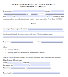 AUTOCERTIFICAZIONE DI COPIA CONFORME ALL'ORIGINALE WORD E PDF - FAC SIMILE